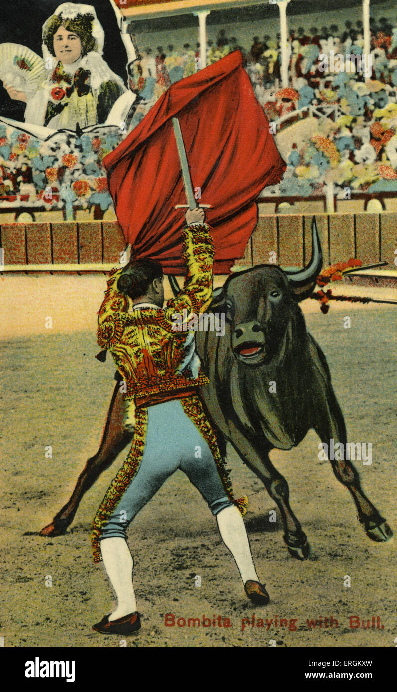 Matador and bull. The bull strikes at the matador; caption reads ...