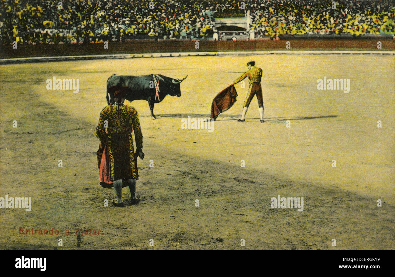 Entrance of the Matador. A Matador stands before a bull in a Spanish ...