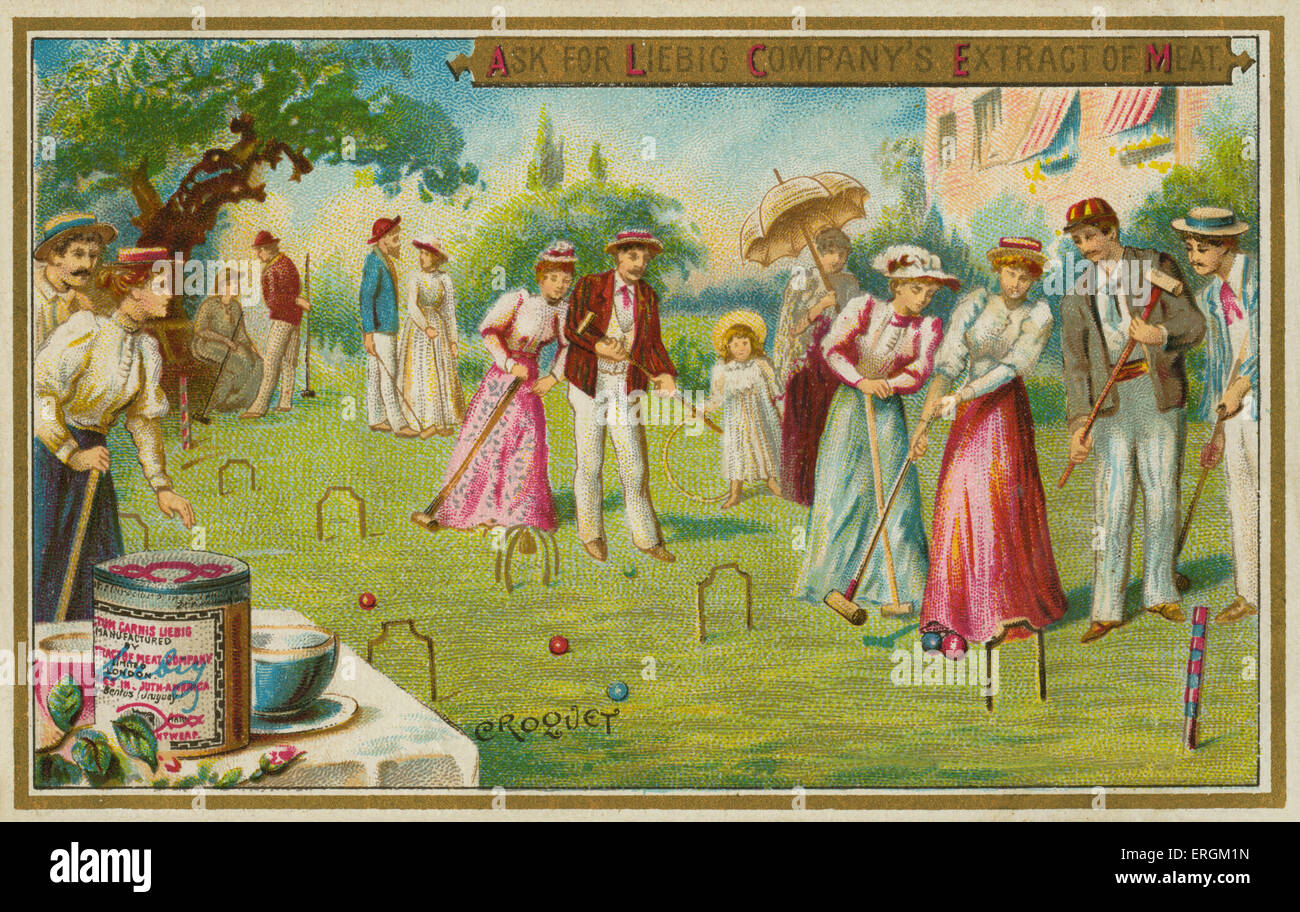 A croquet game. Liebig card, English sports, 1895 Stock Photo - Alamy