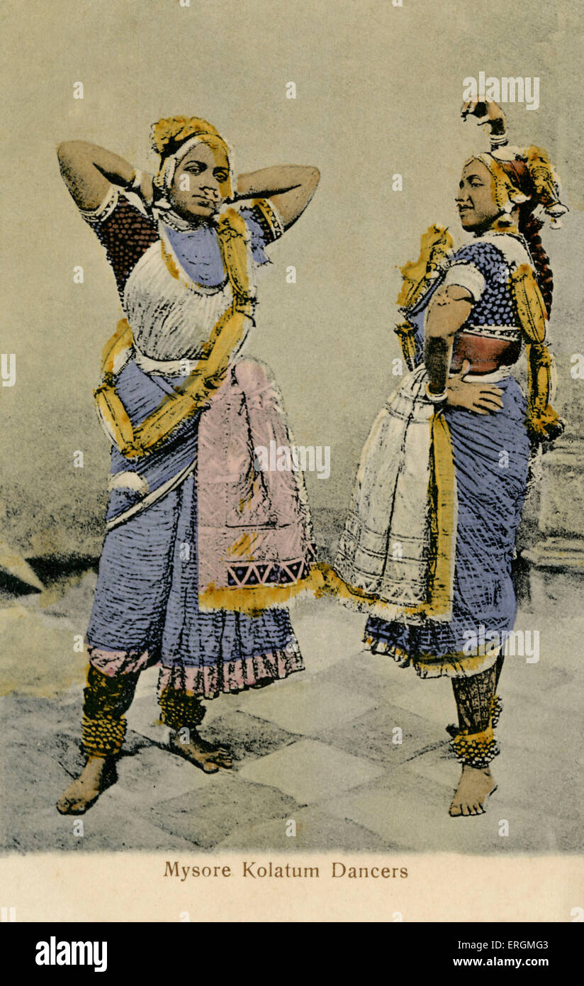 Two formally dressed Mysore Kolatum dancers. Colourised photograph from ...
