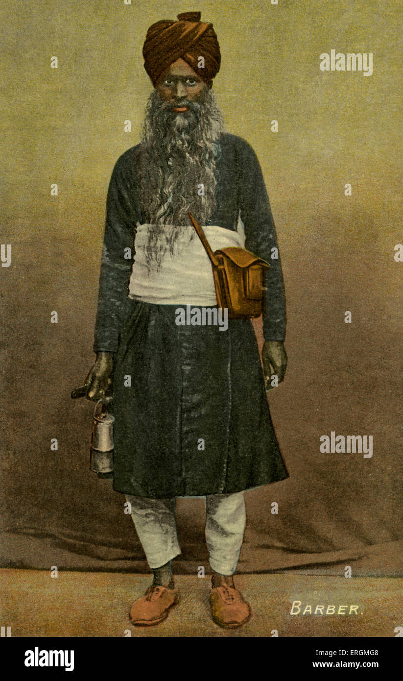 Sikh barber, holding sissors and a lantern. Colourised photograph taken ...