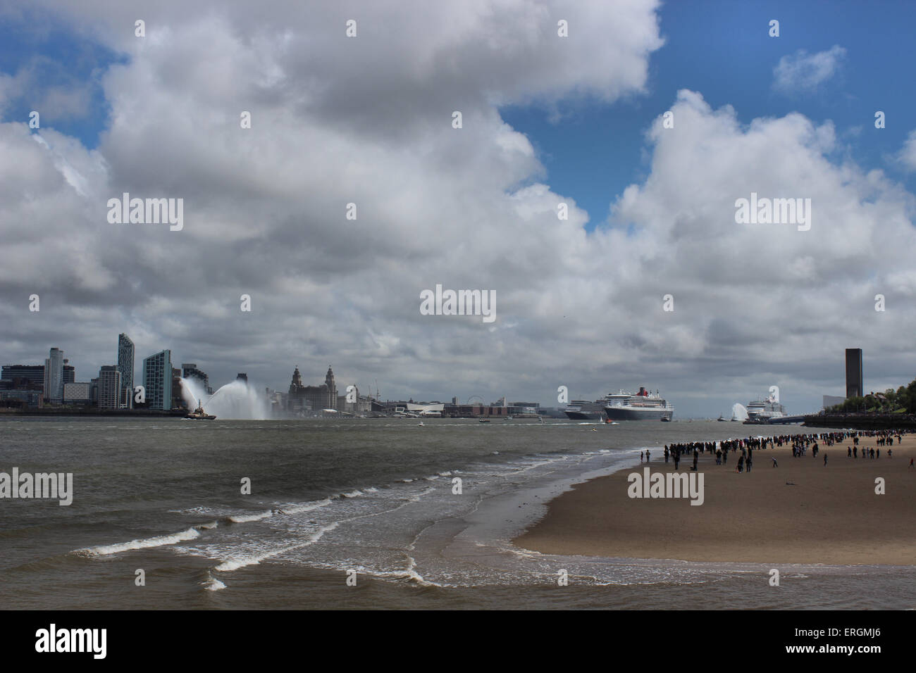 Cunards three Queens cruise ships on the river Mersey Liverpool to ...