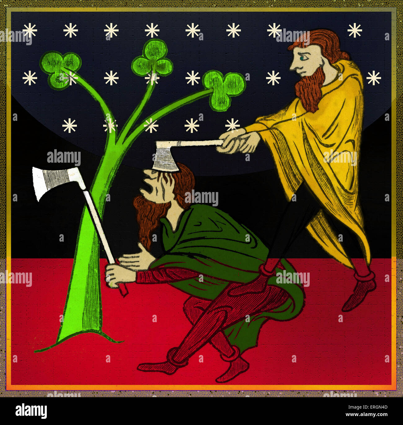 Two fighting Irishmen with axes, one hitting another in the head ...