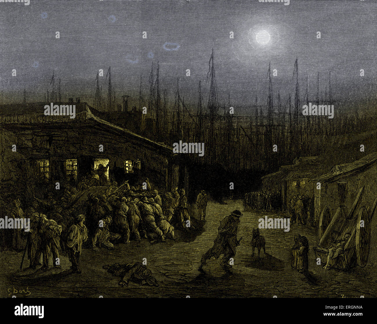 The Docks - Night Scene. Engraving by Gustave Doré, from 'London, a ...