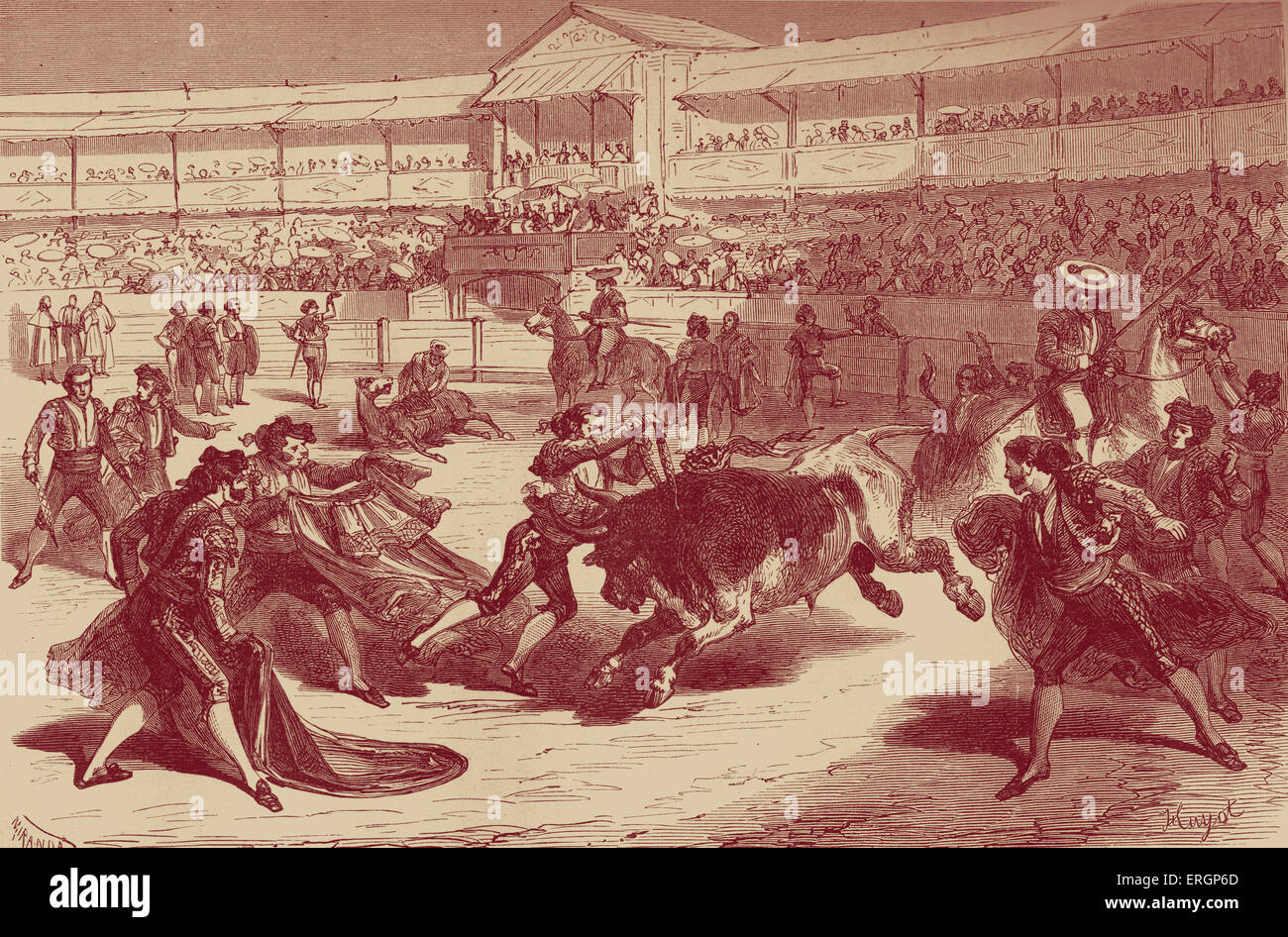 Spanish Bullfight scene, matadors perform in the ring on foot and on ...