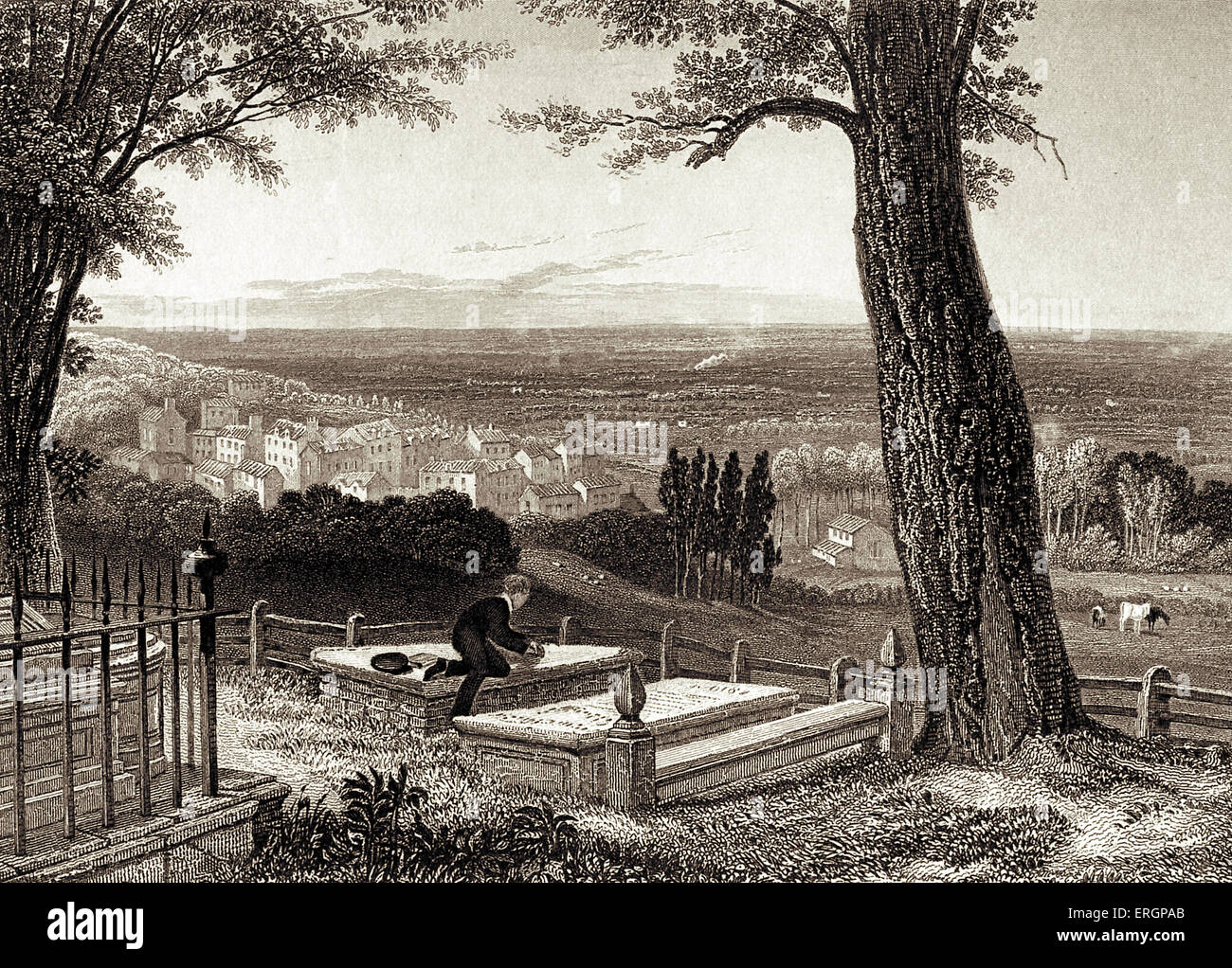 Harrow. Depicts Lord Byron sat dreaming by his favourite tombstone ...