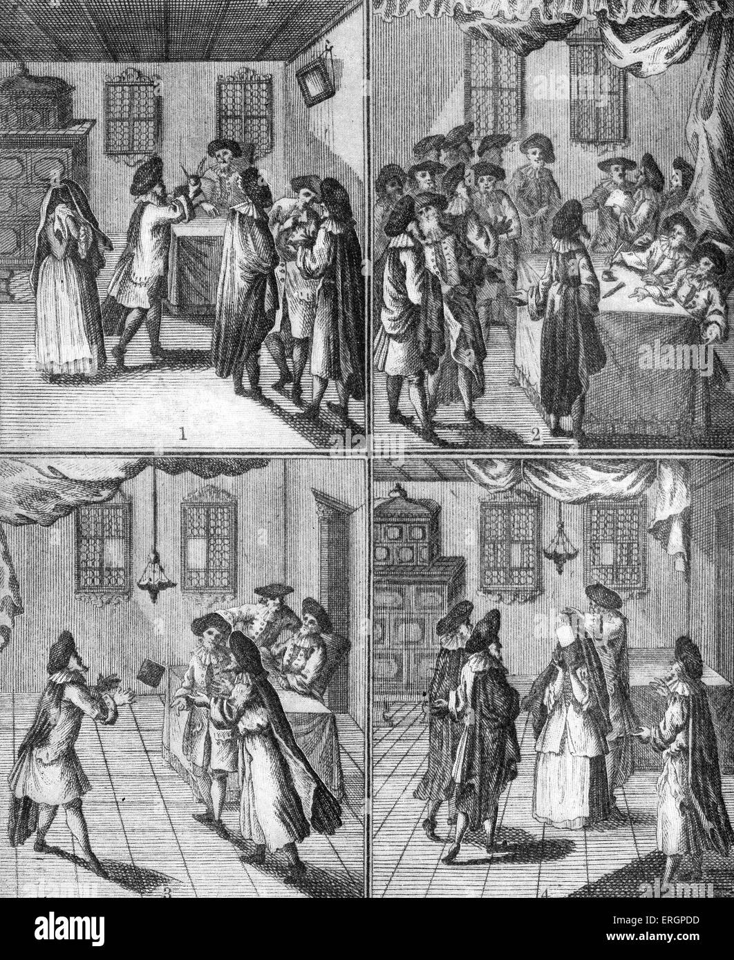 Divorce according to Jewish custom. From 1748 engraving. 1. Writing the ...