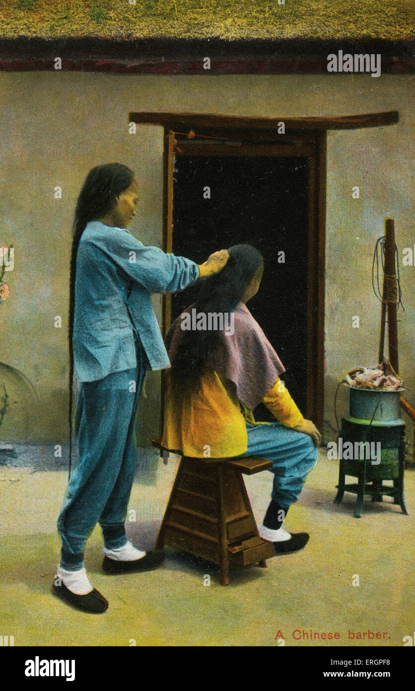 China , Barber working in the street. Two men. One with plait, one with ...