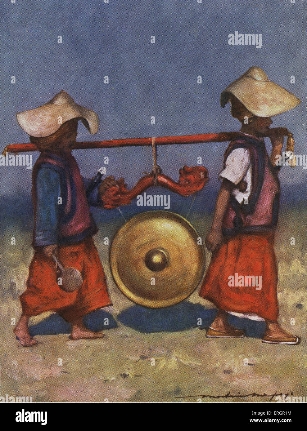 Shan servants, in traditional dress, carrying a brass gong. After the ...