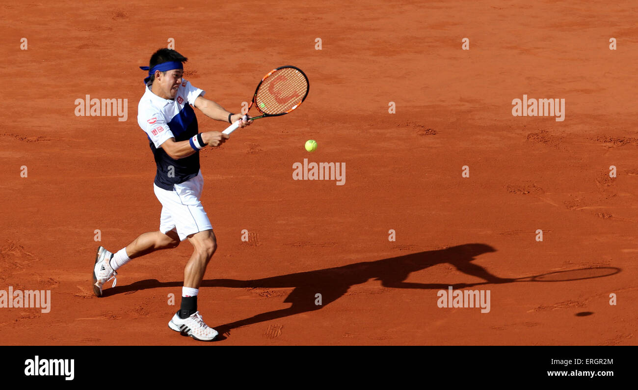 Paris. 2nd June, 2015. Japan's Kei Nishikori returns the ball to France ...