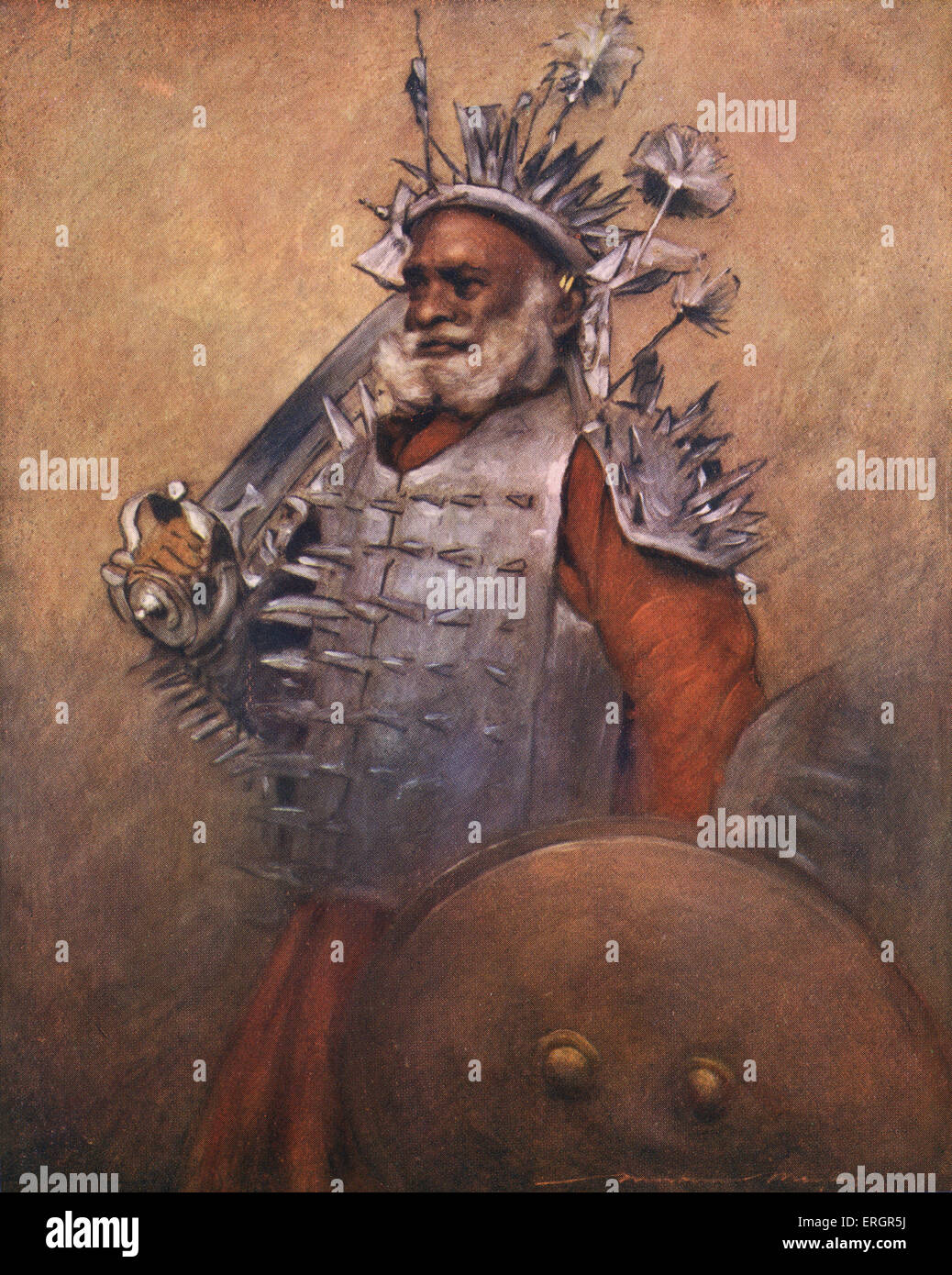Rewa Warrior, dressed in armour and holding a sword and shield. A ...