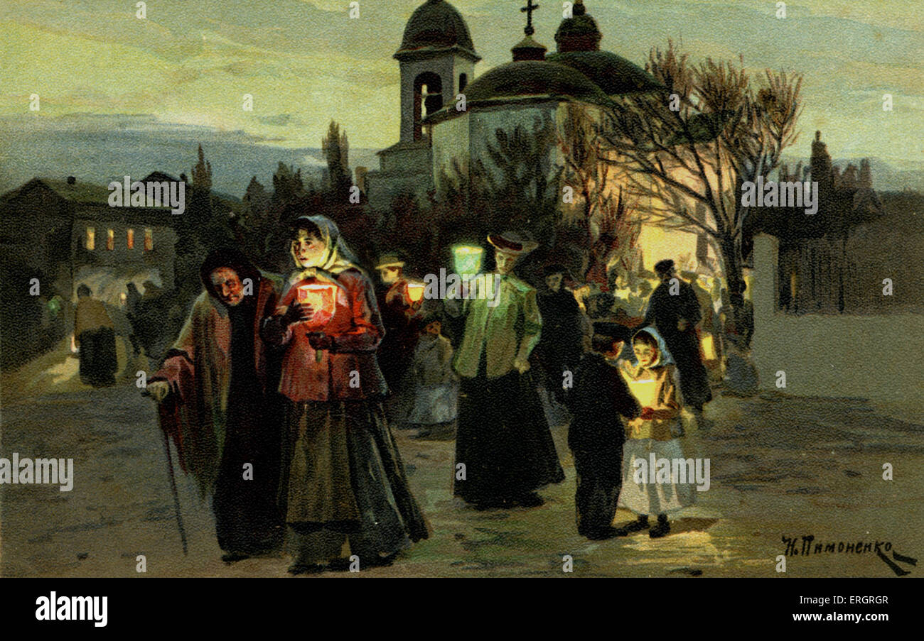 Night procession in Russia. Illustration by N. Pimonenko, 1904. Russian ...