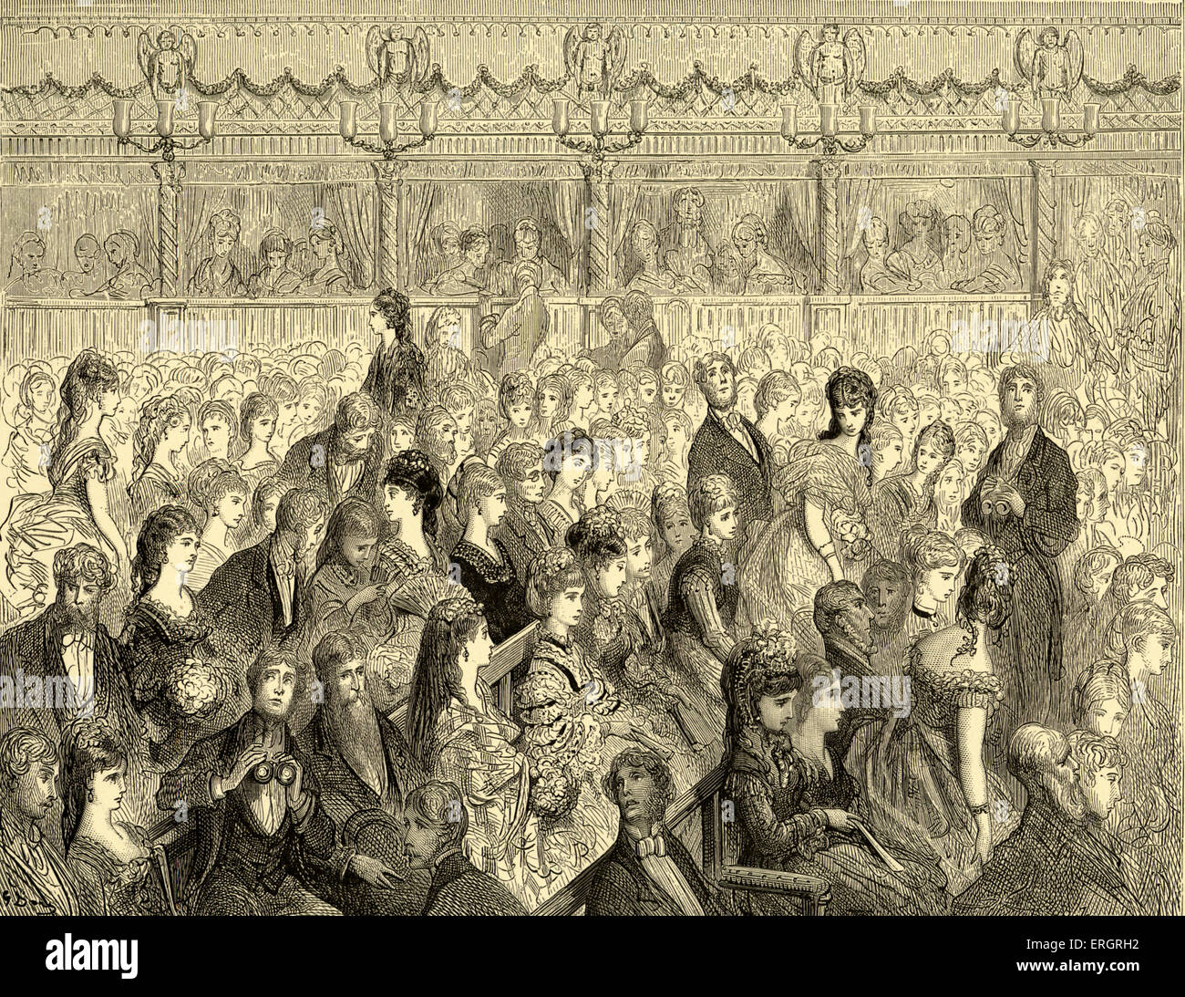Covent Garden opera house stalls in London with audience. early 1870's ...