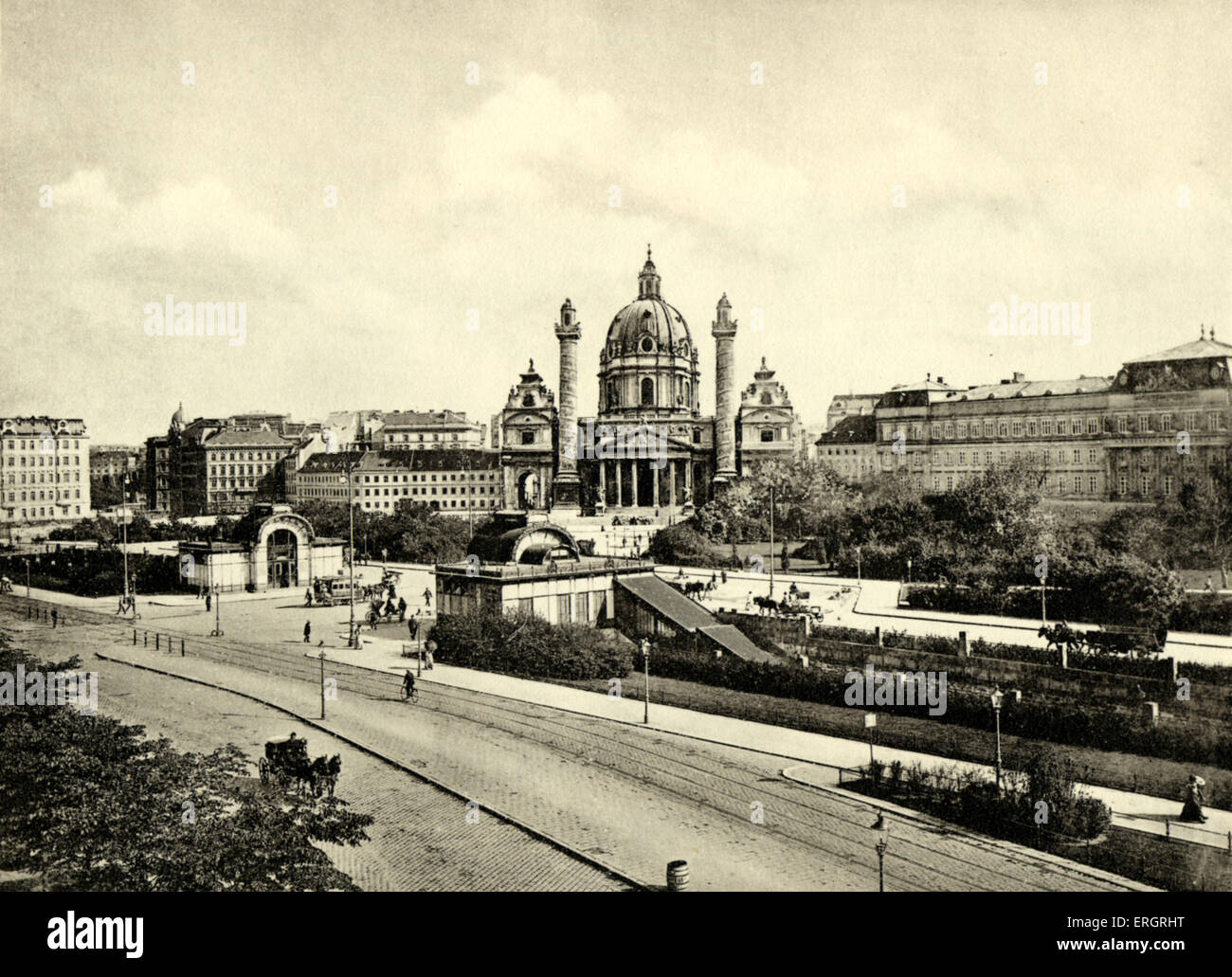 Karlsplatz in Vienna, at the turn of the century. Street scene Stock ...