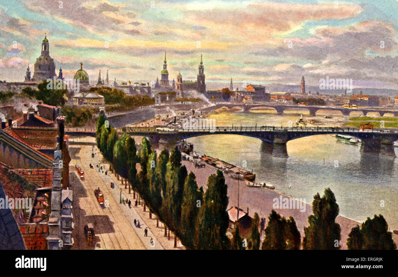Dresden. View of city with König Friedrich August bridge, river Elbe ...