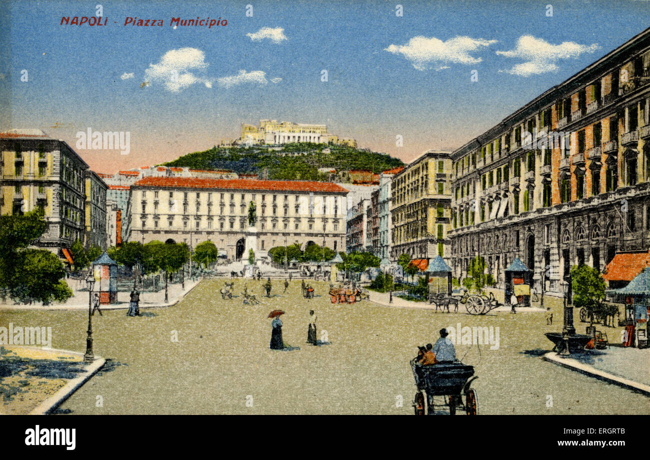 Naples, Piazza Municipio, town square Italy, horse drawn cart, lady ...