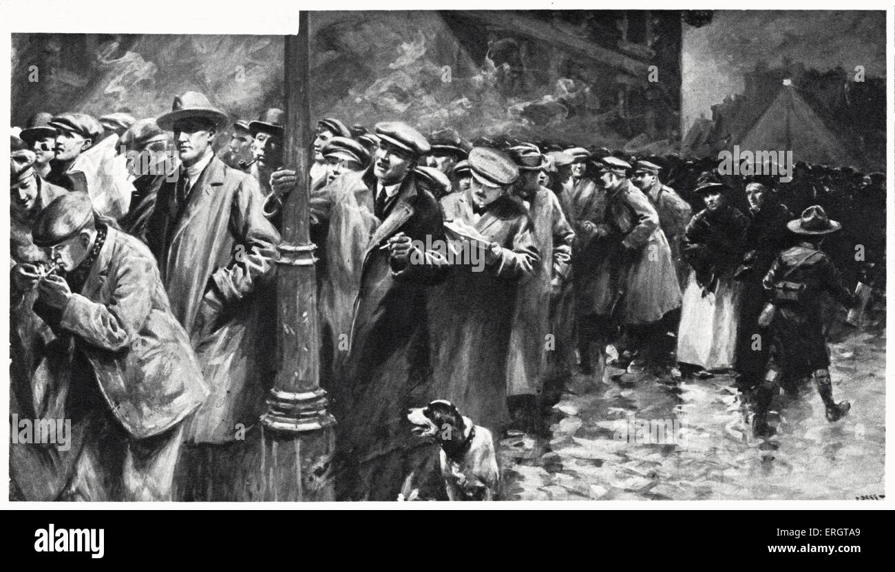Men queuing to enlist in the British Army during World War I under the ...