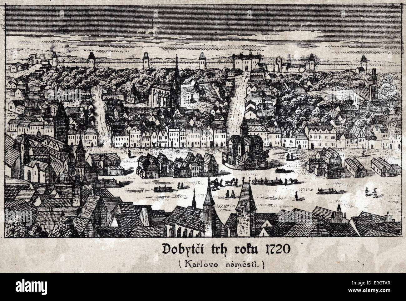 Prague - drawing of a view of the Czech capital city overlooking ...