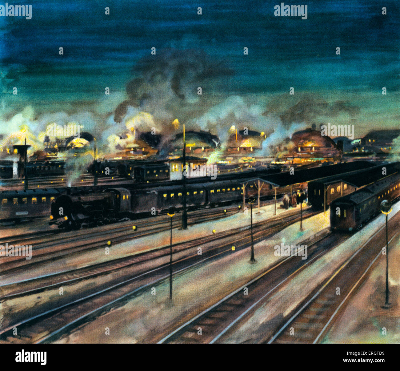 German Railways - Munich Central Station at night. Watercolour by ...