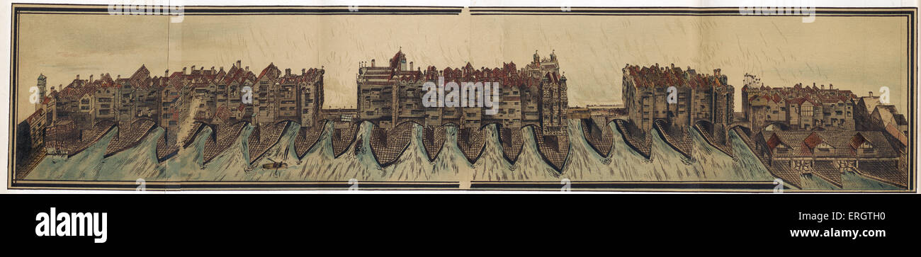London Bridge c.1600. Buildings on the river Thames Stock Photo - Alamy