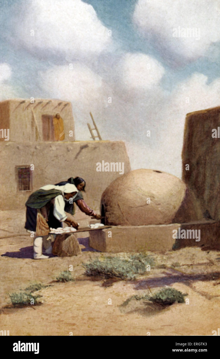 Native American women from the Acoma Pueblo, New Mexico, baking bread ...