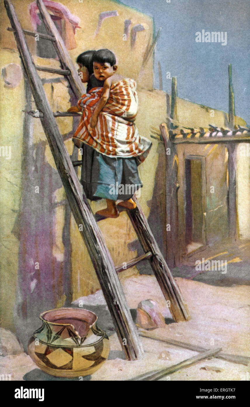 Young Native American girl and boy from the Hopi tribe, climbing a ...