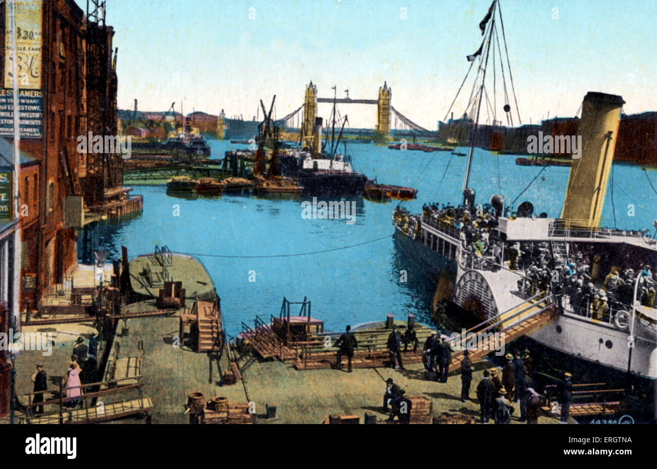 London - Thames river with boat docking and passengers embarking ...