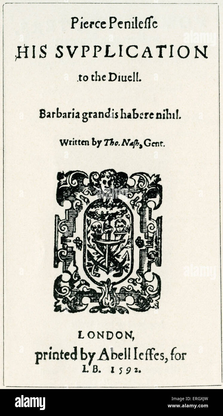 'Pierce Penilesse' by Thomas Nash. 1592. Title page. English ...