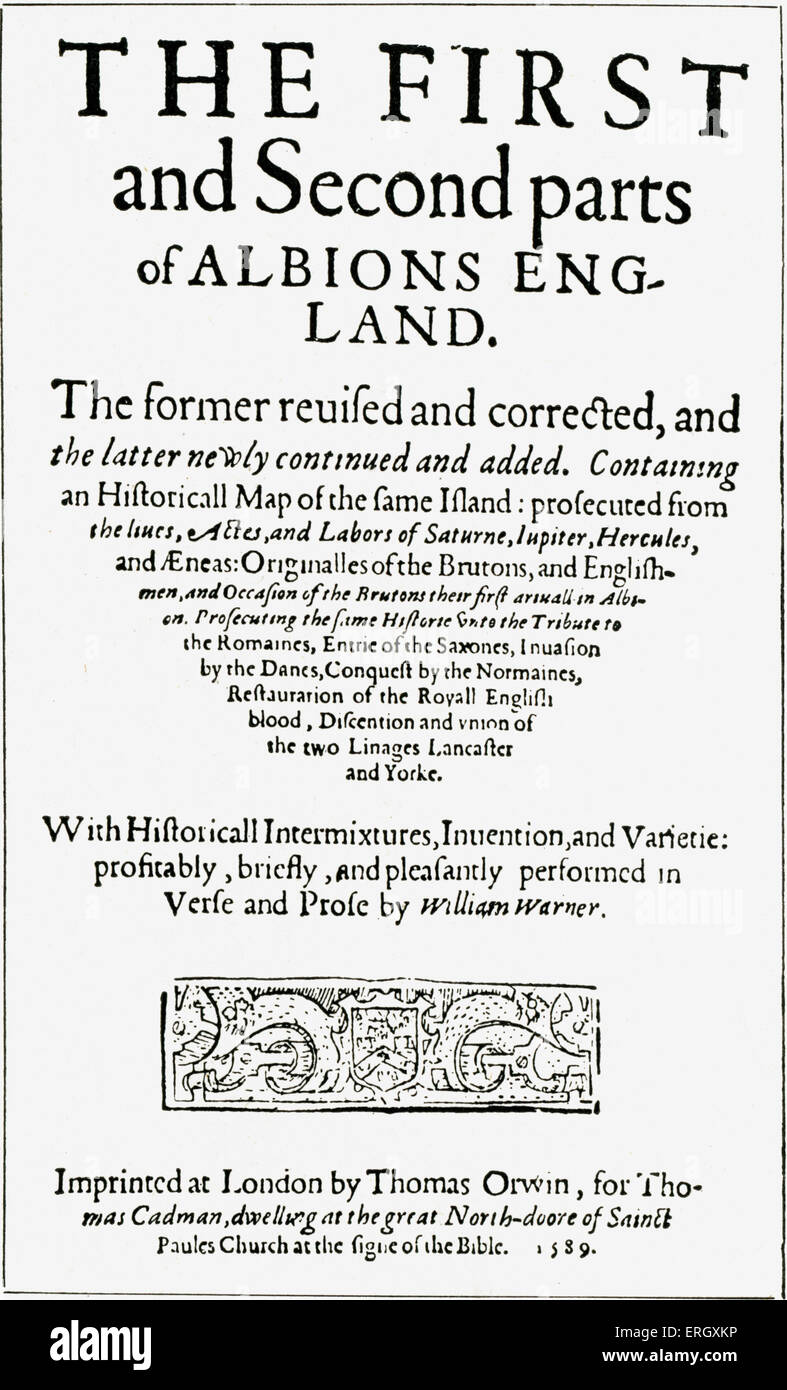 'Albion's England' by William Warner. Title page. 1589. WW: English ...