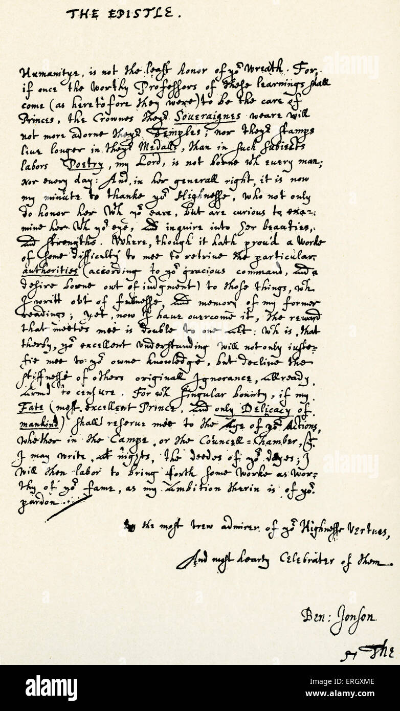 'Masque of Queens' by Ben Jonson. 'The Epistle' with his signature. BJ ...