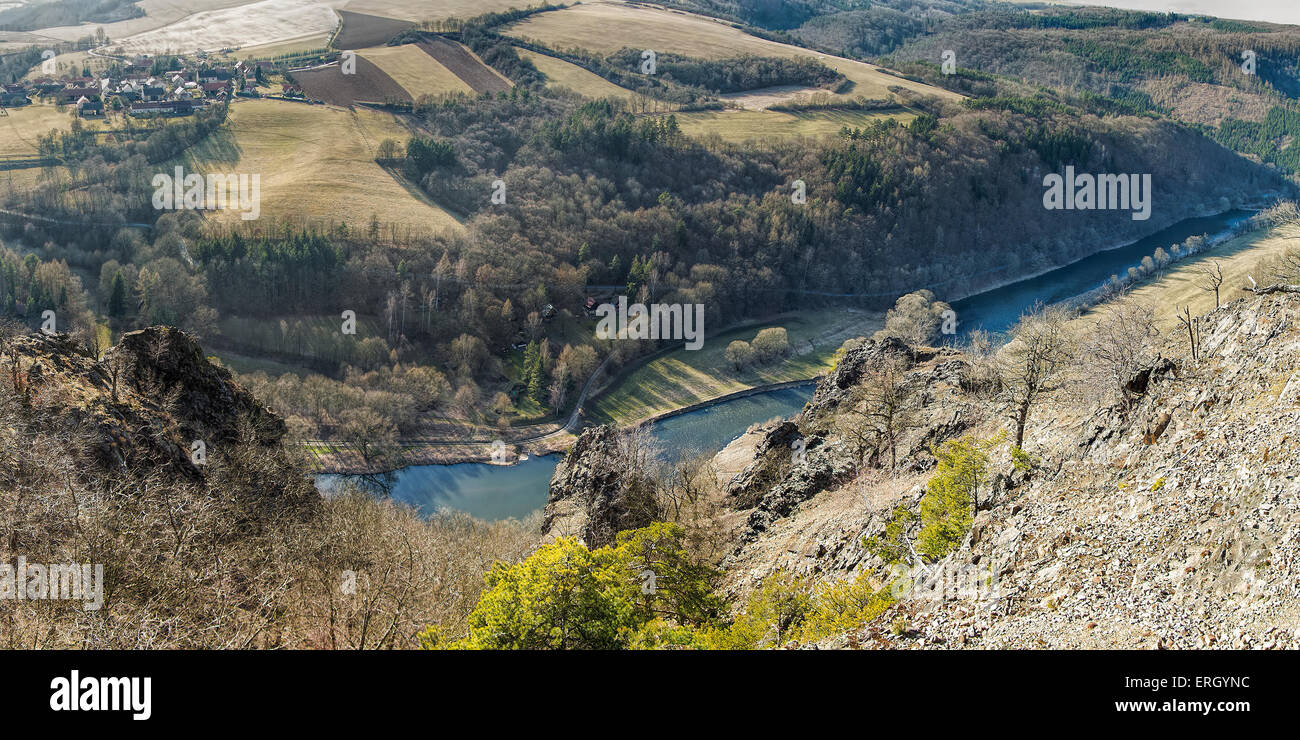 Early spring landscape panorama of deep river valley. Concept of middle ...
