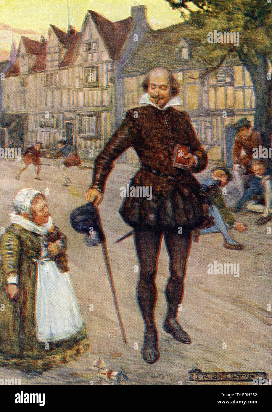 William Shakespeare in an Elizabethan street scene. Caption reads ...