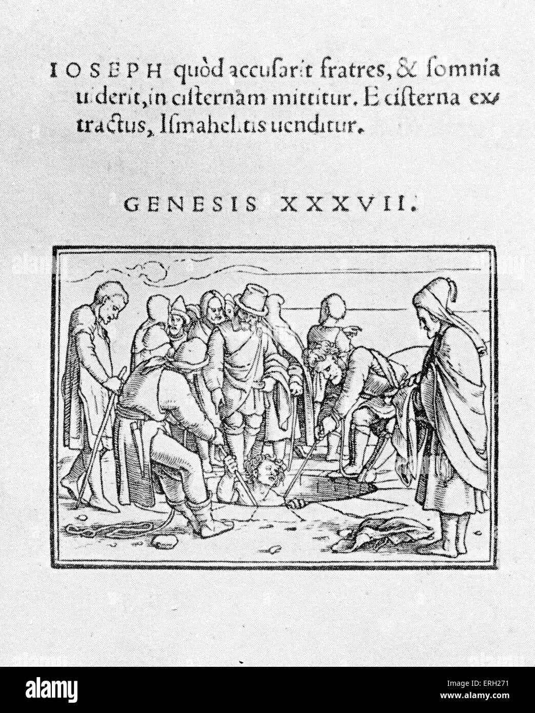 Joseph thrown in the pit by his brothers. .Woodcut by Luetelburger ...