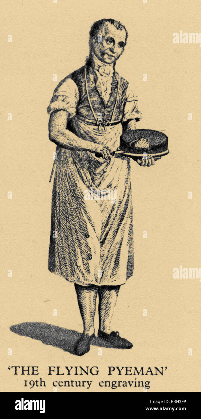 The flying pyeman proffering a slice of pie. 19th century engraving ...