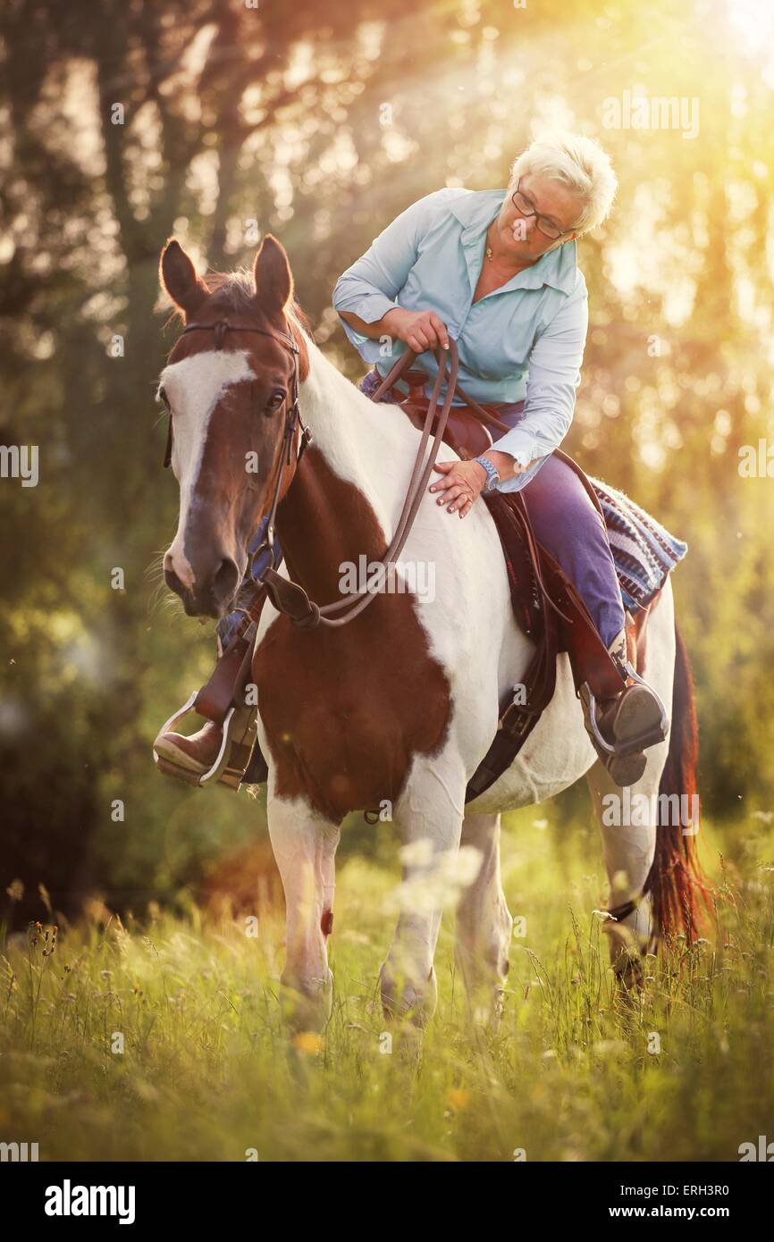 woman rides Pinto Stock Photo - Alamy