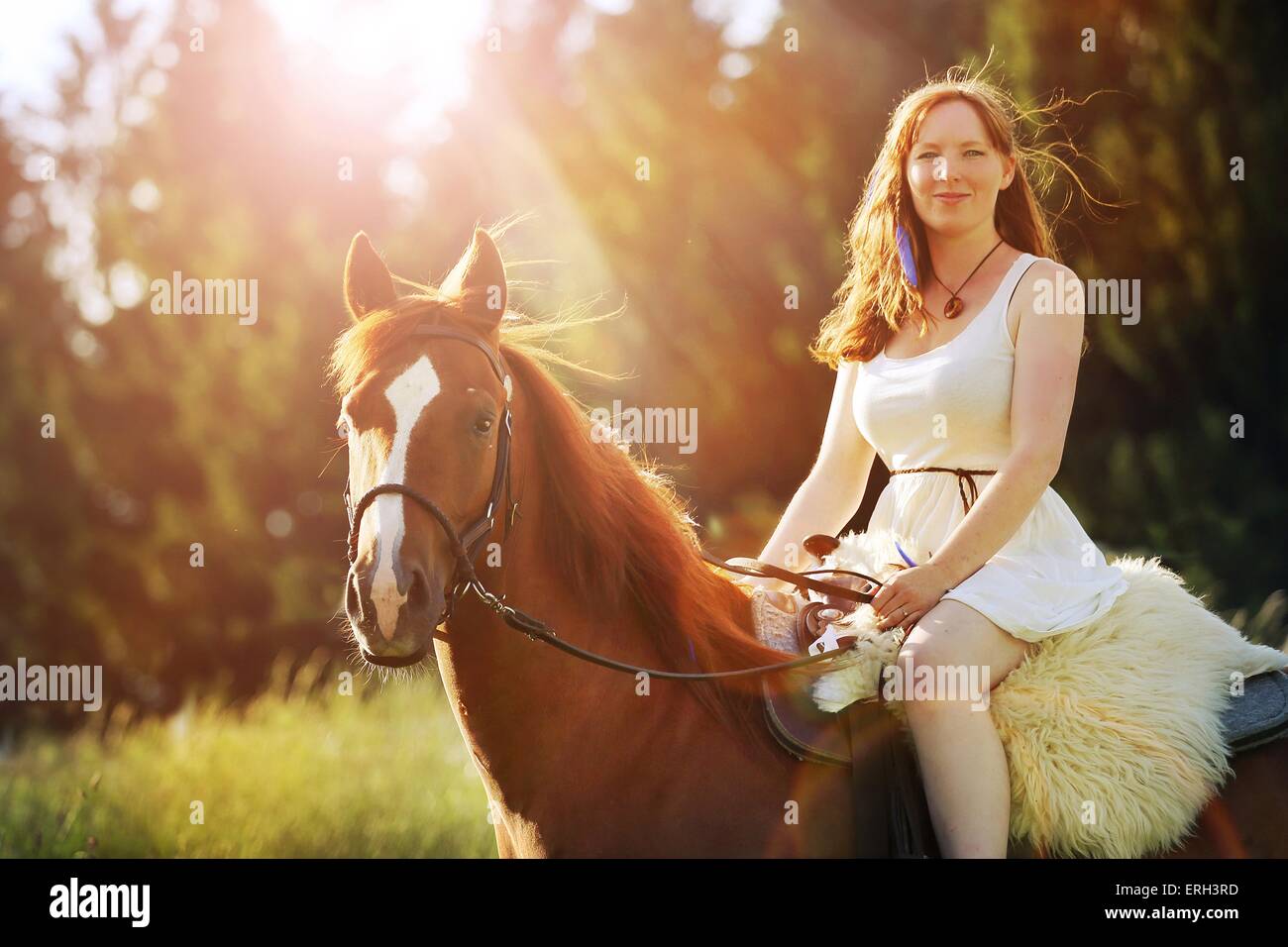 woman rides Quarter Horse Stock Photo - Alamy