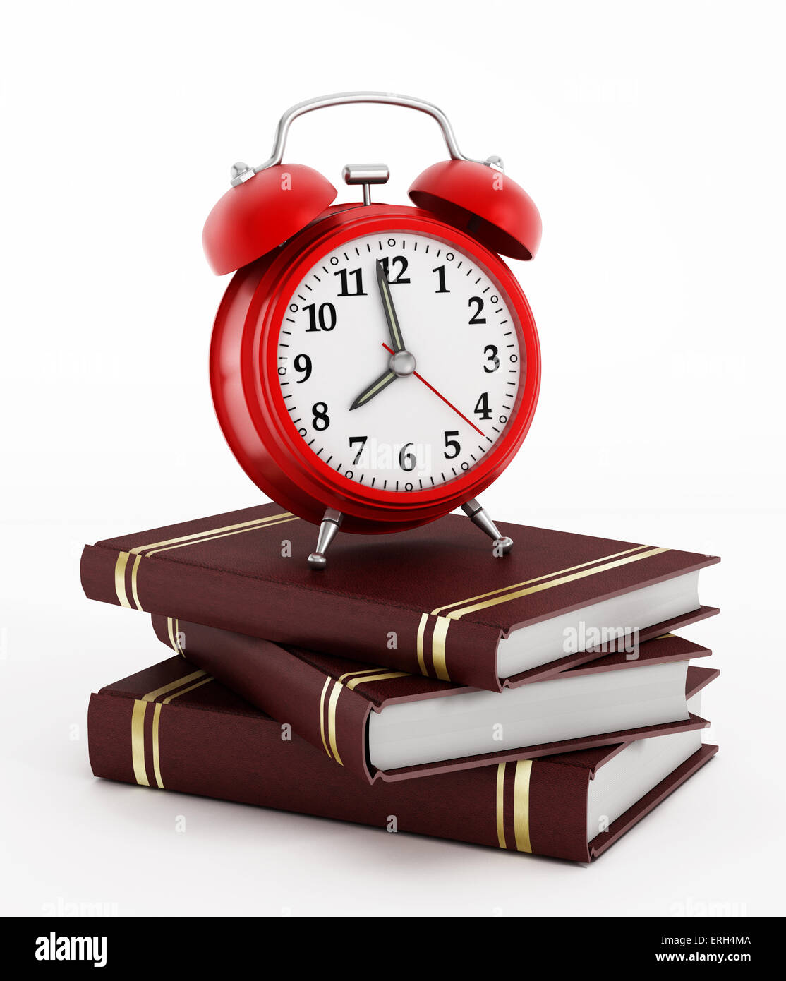 Red alarm clock standing on book stack isolated on white background ...