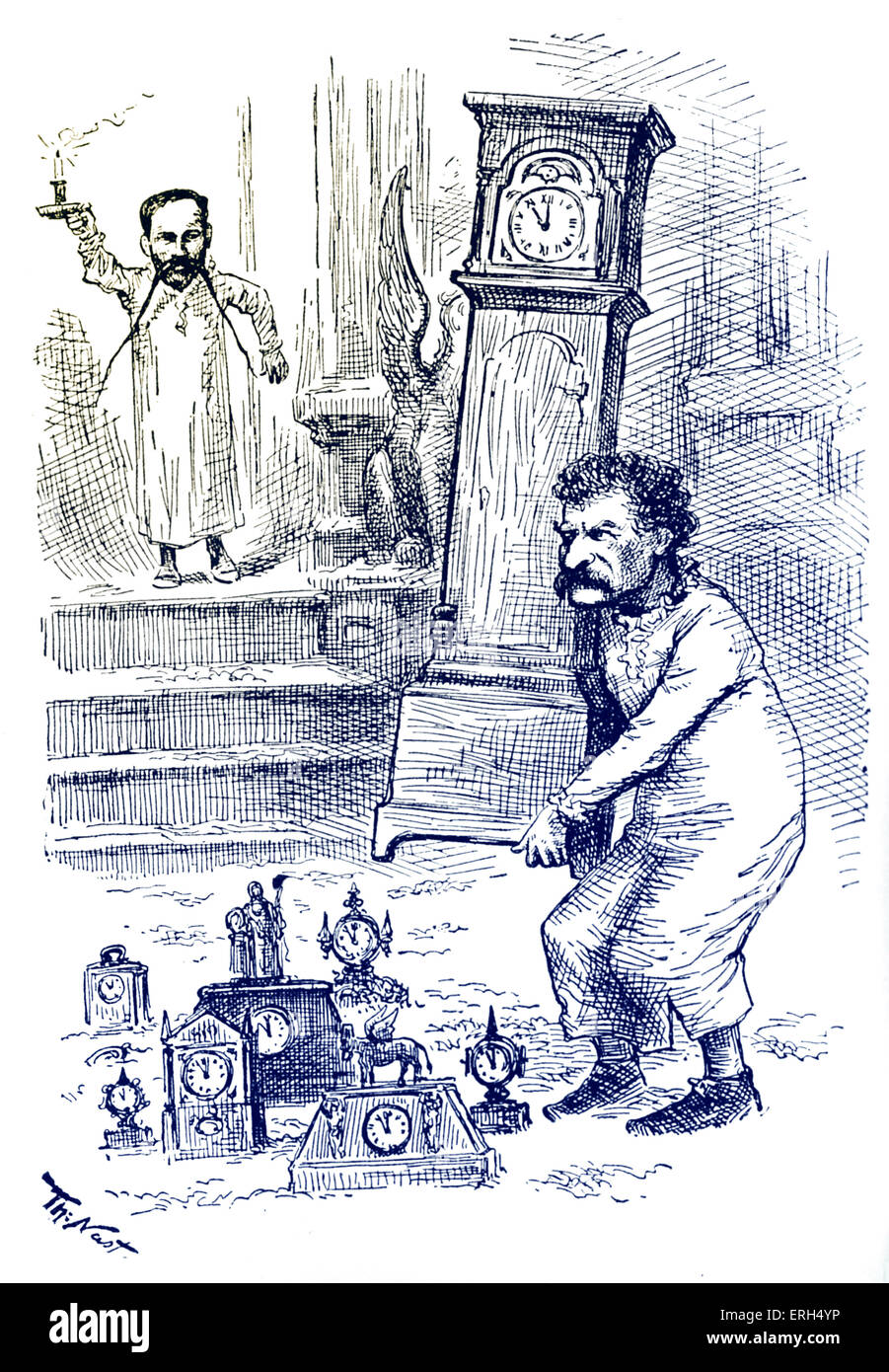 Mark Twain and the Clocks, caricature by Thomas Nast. (MT slept at ...