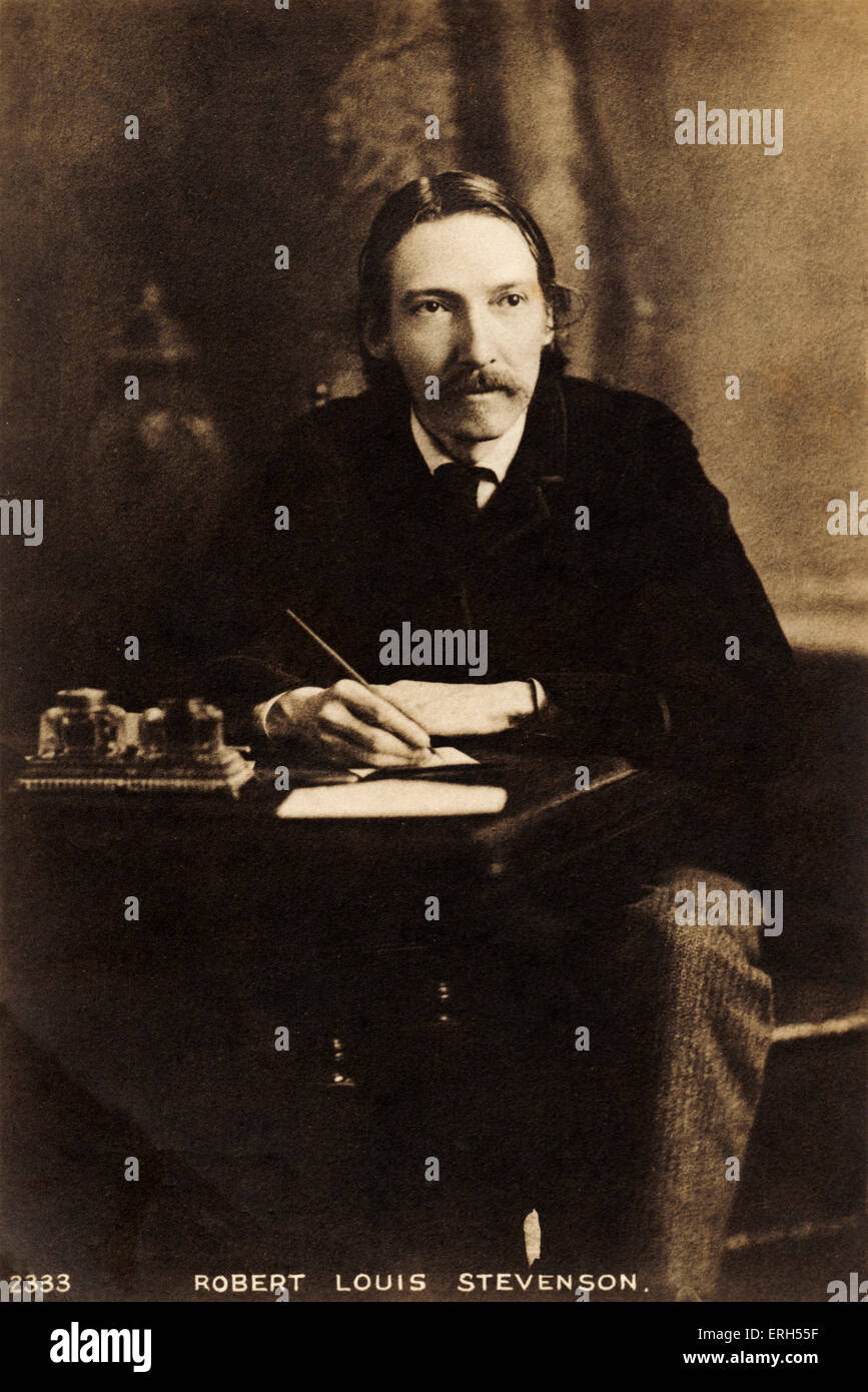 Robert Louis Stevenson, writing at his desk. Scottish author. 13 ...