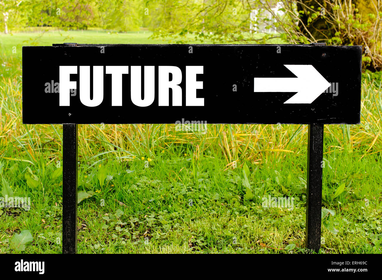 FUTURE written on directional black metal sign with arrow pointing to ...