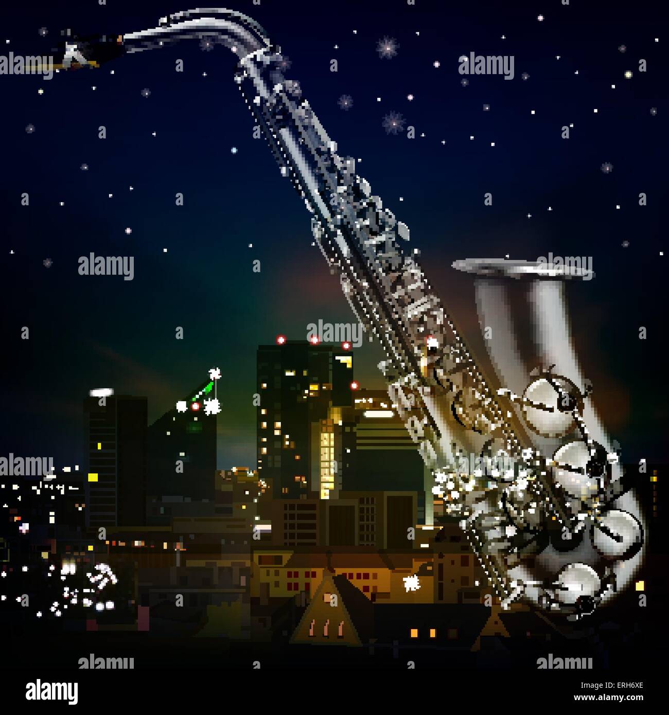 abstract night sunset background with city and saxophone Stock Vector ...
