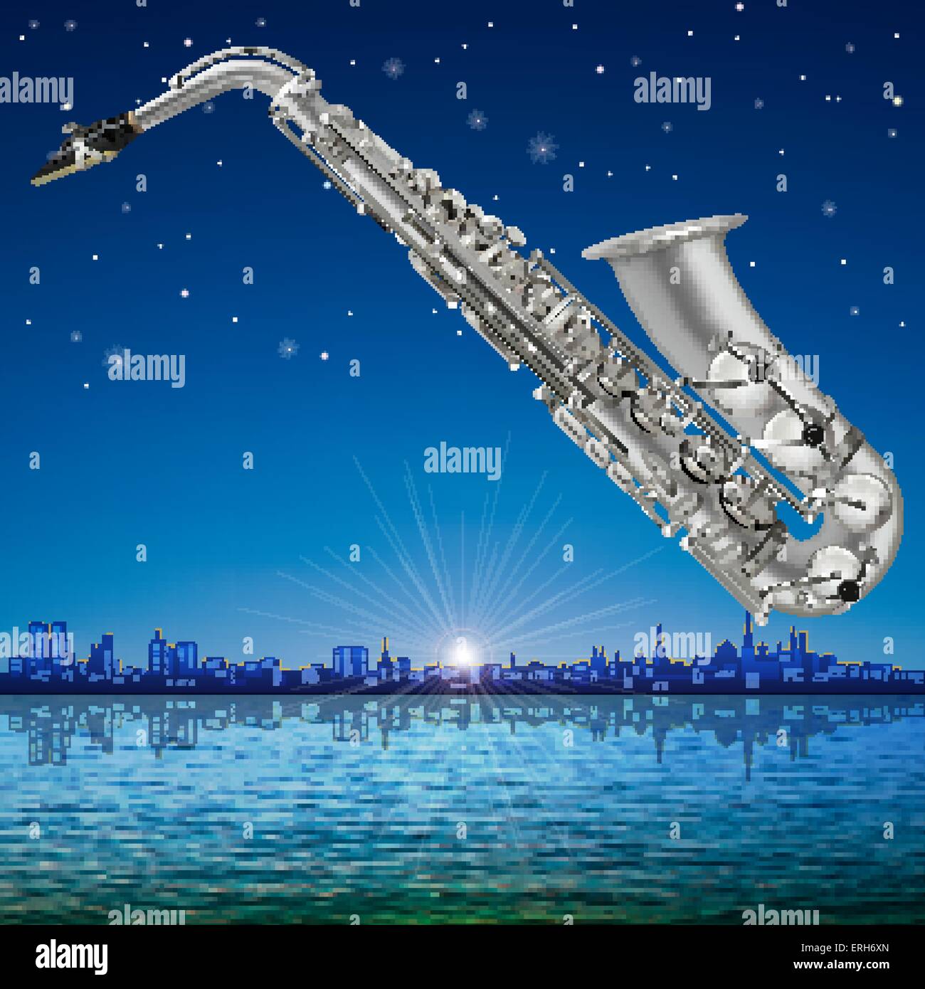 abstract sunrise background with silhouette of Tallinn and saxophone ...