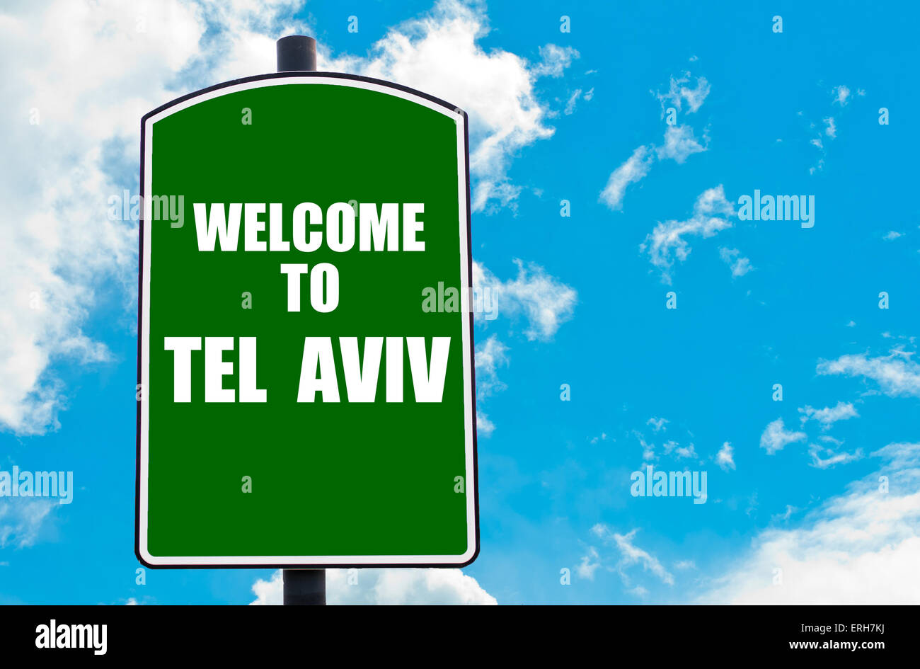Green road sign with greeting message Welcome to TEL AVIV isolated over ...