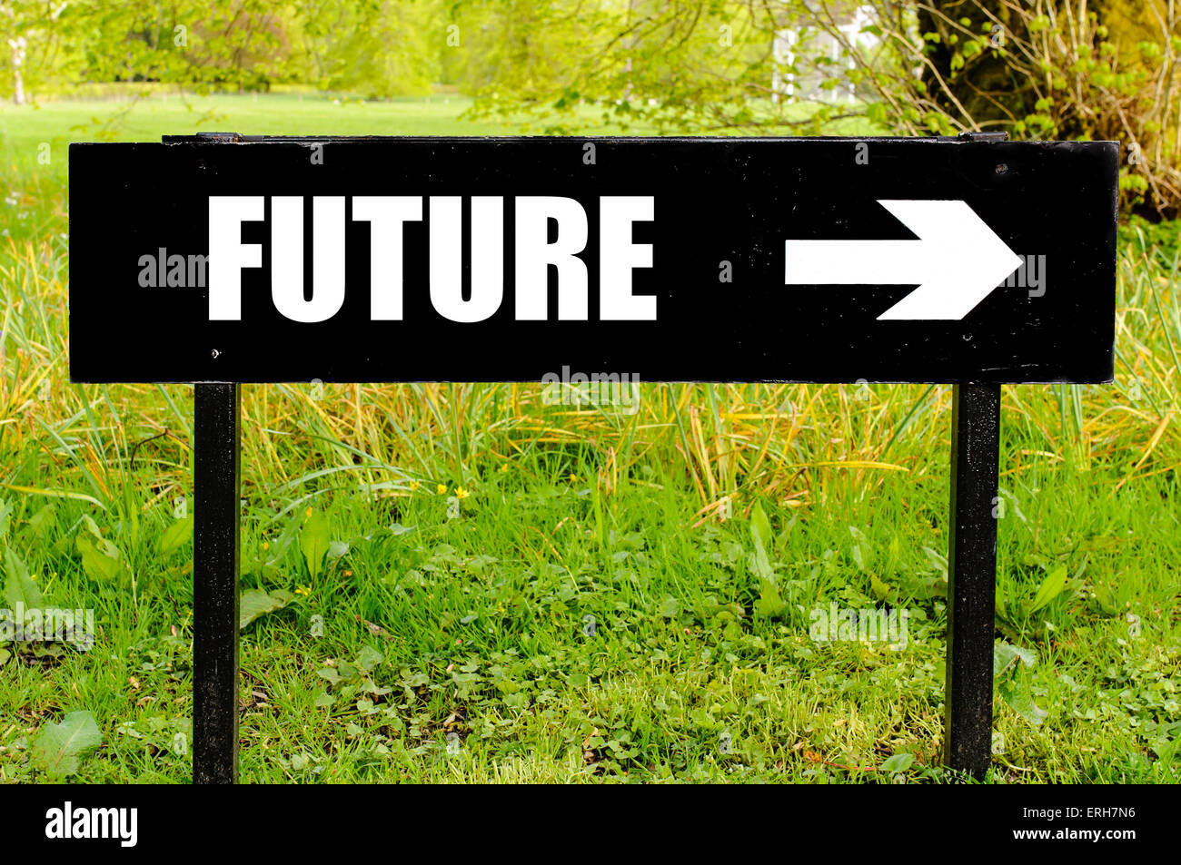 FUTURE written on directional black metal sign with arrow pointing to ...