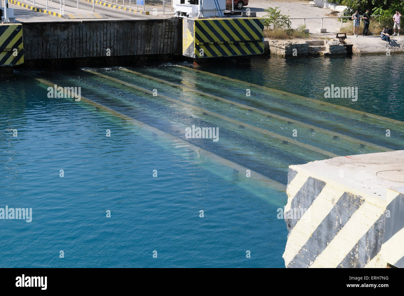Lowering of the submersible bridge at Isthmia on the Corinth canal ...