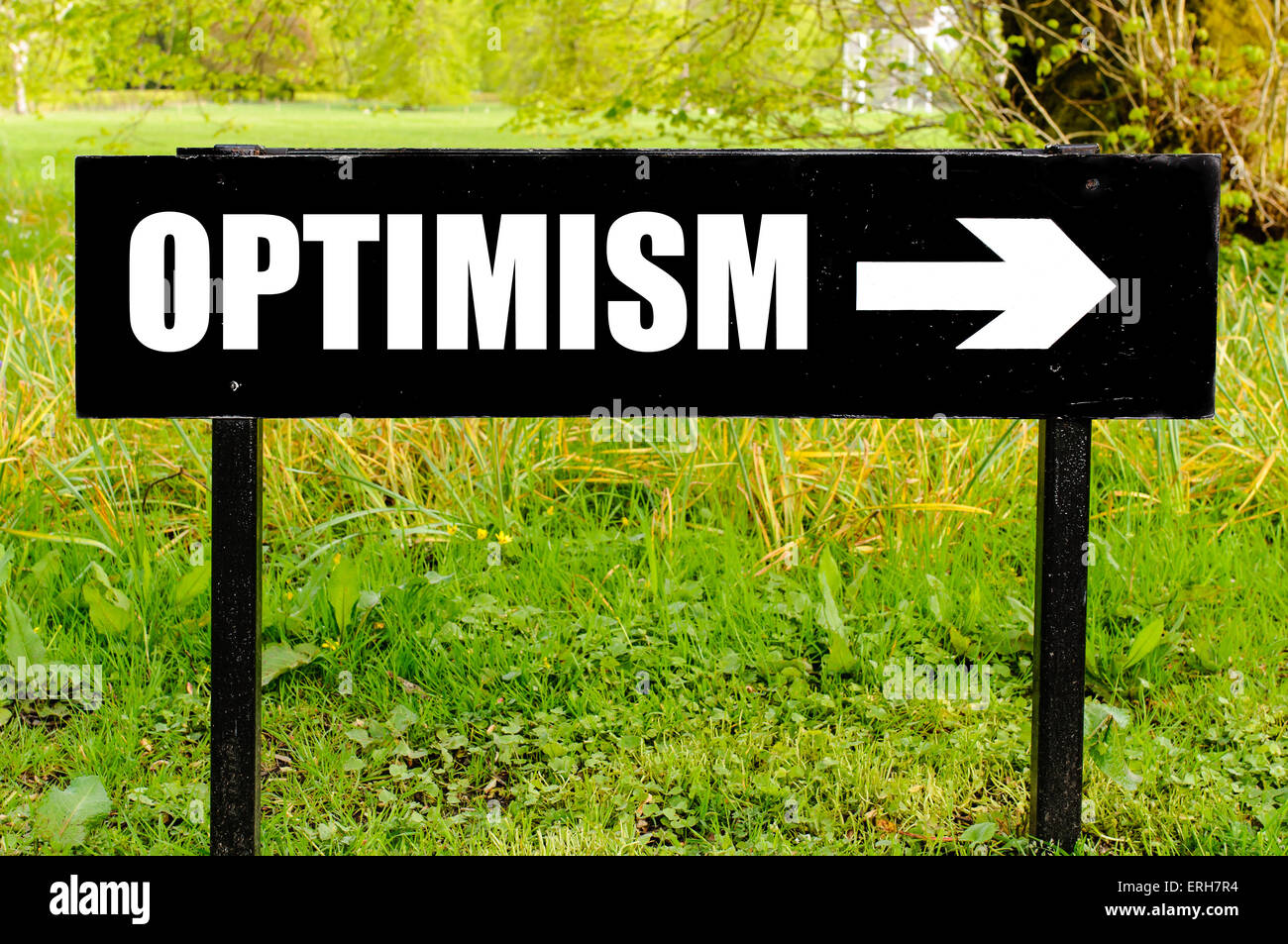 OPTIMISM written on directional black metal sign with arrow pointing to ...