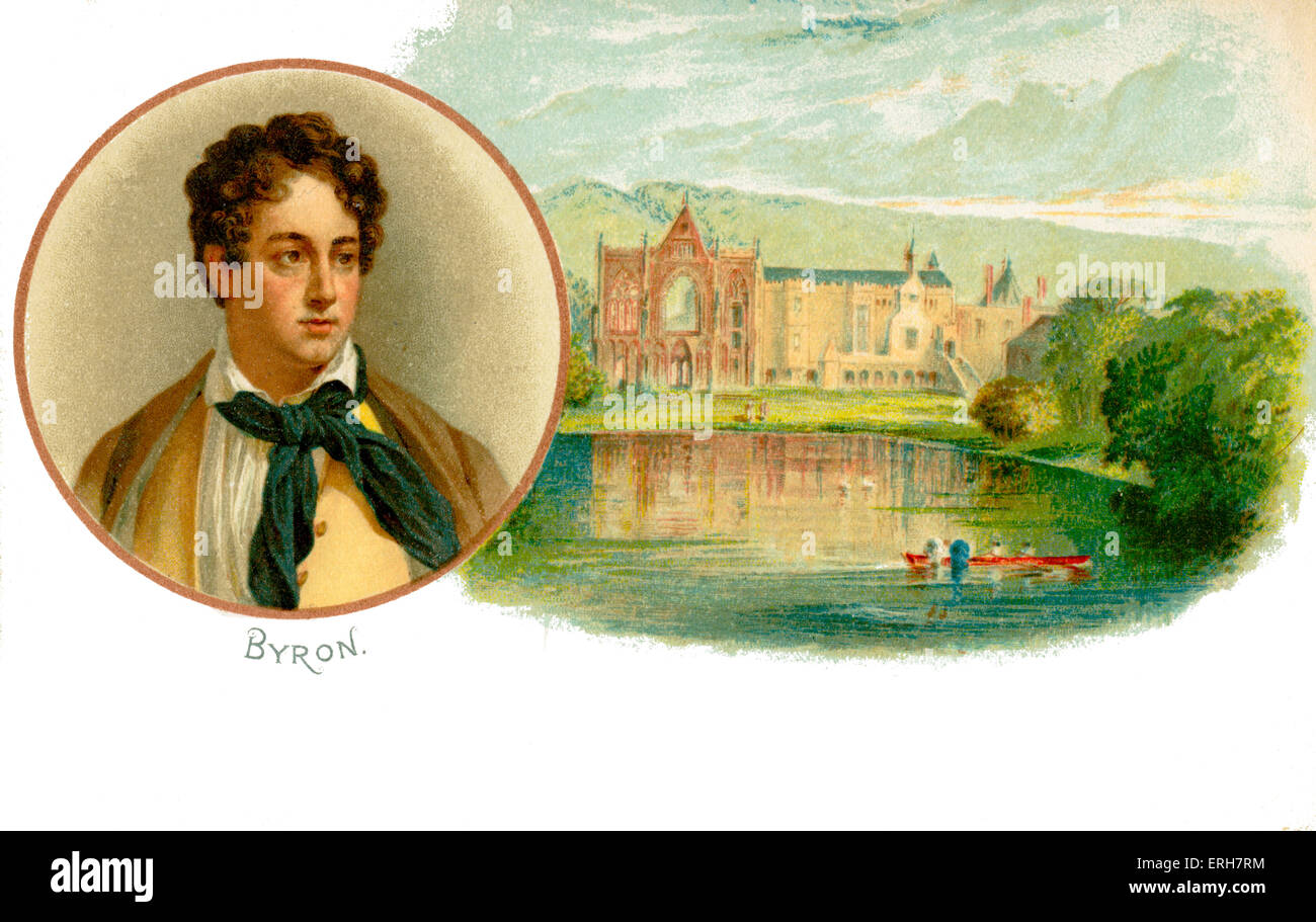 Lord Byron - portrait with his ancestral home Newstead Abbey in ...