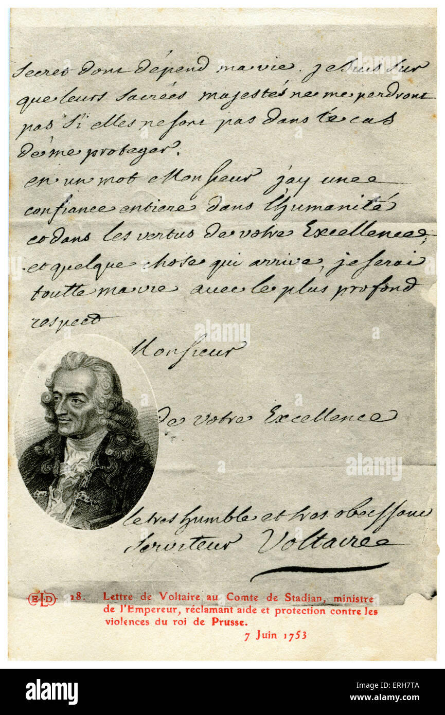 Voltaire ‘s letter to Count de Stadian, requesting protection from the ...