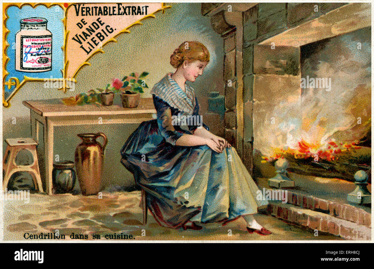 Cinderella by the kitchen fireplace, sitting by the cinders. Caption ...