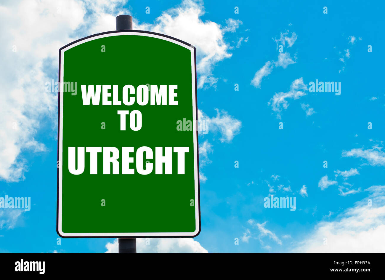 Green road sign with greeting message Welcome to UTRECHT isolated over ...